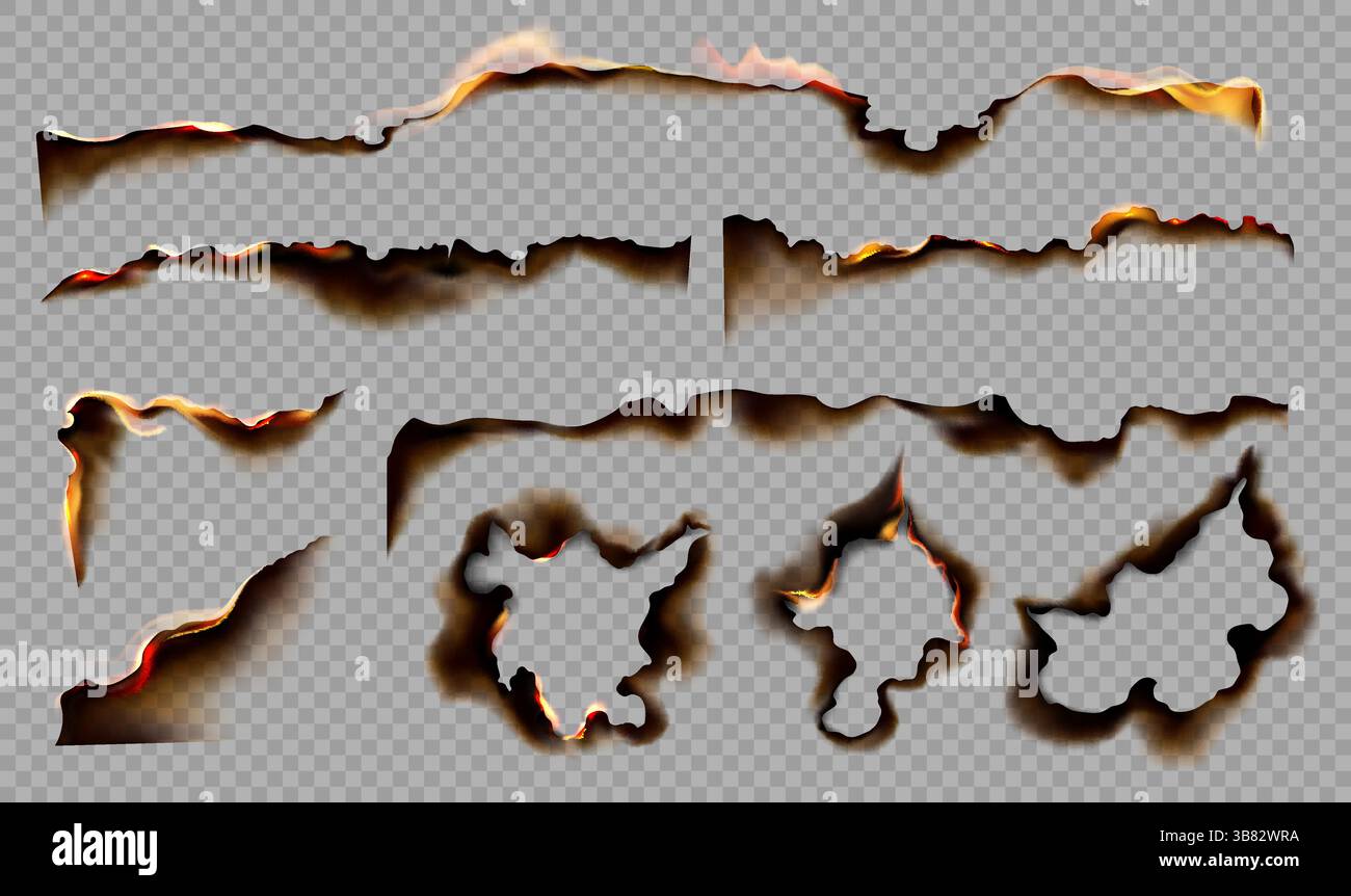 Burning paper borders. Realistic burning paper edges with red flame, frame with charred burnt ...