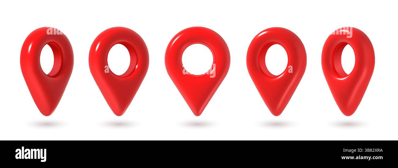 3d pins. Red map location pin in various position, GPS point. Place marker for maps, navigation ...