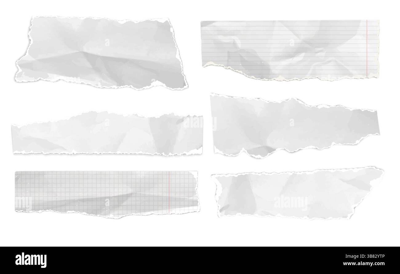 Ripped paper strips. Realistic crumpled paper scraps, white torn ...