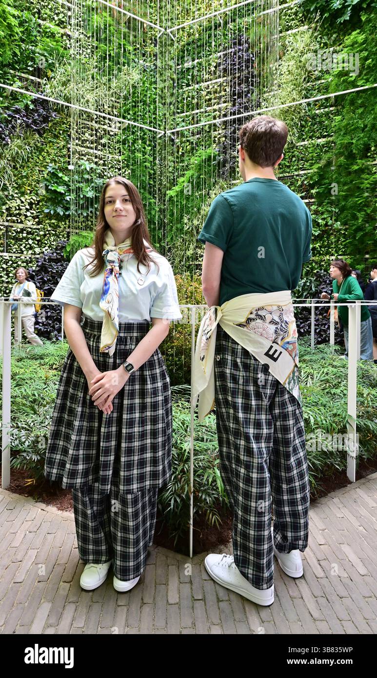 A photo shows attendant uniform of Belgium Pavilion at Yumeshima, venue ...