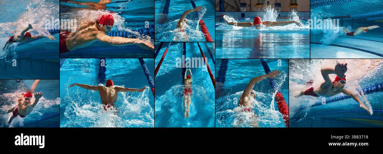 Swimming techniques shown in pool by male athlete in motion, freestyle ...