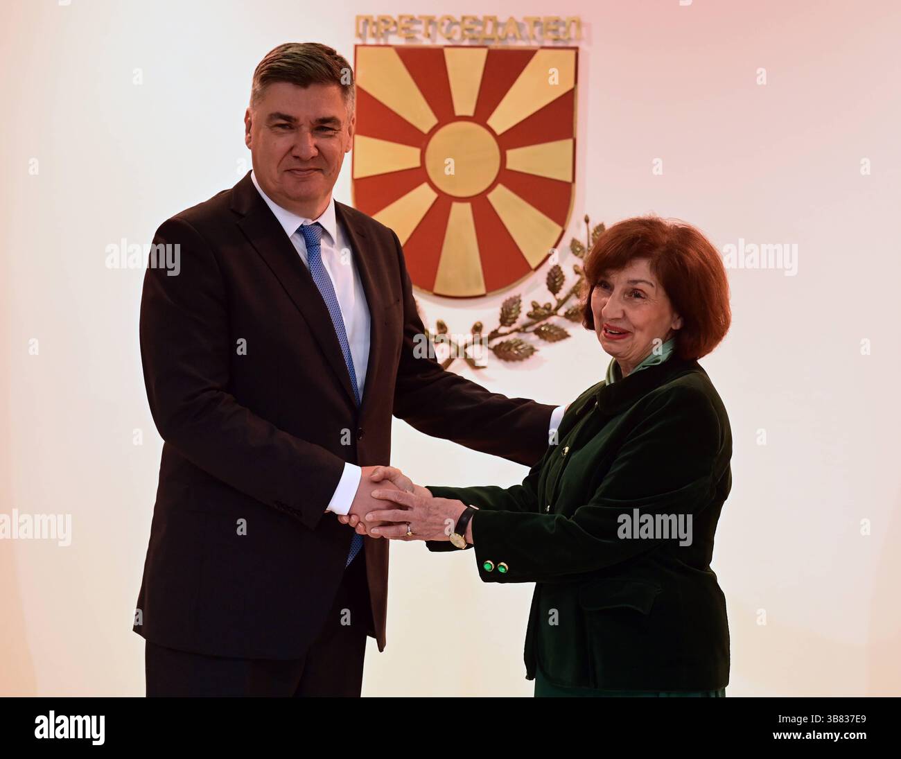President of North Macedonia Gordana Siljanovska Davkova velcomes her ...