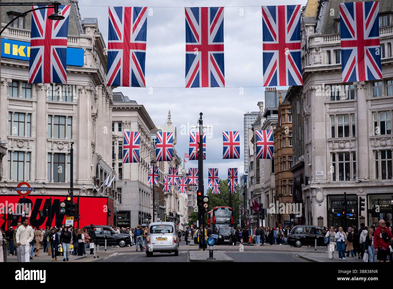 Union flags hanging above Oxford Street in for celebrations of the 80th ...