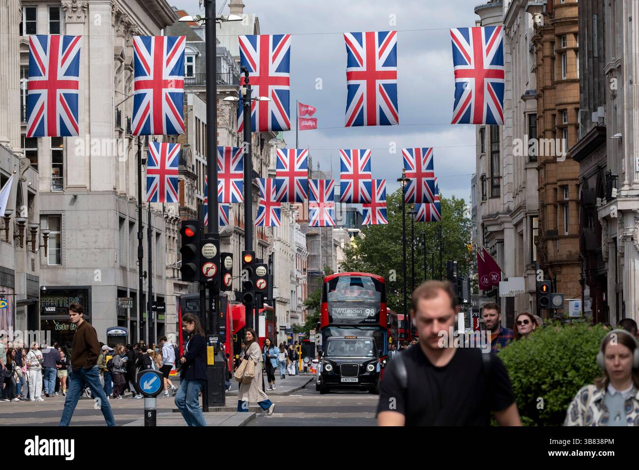 Union flags hanging above Oxford Street in for celebrations of the 80th ...