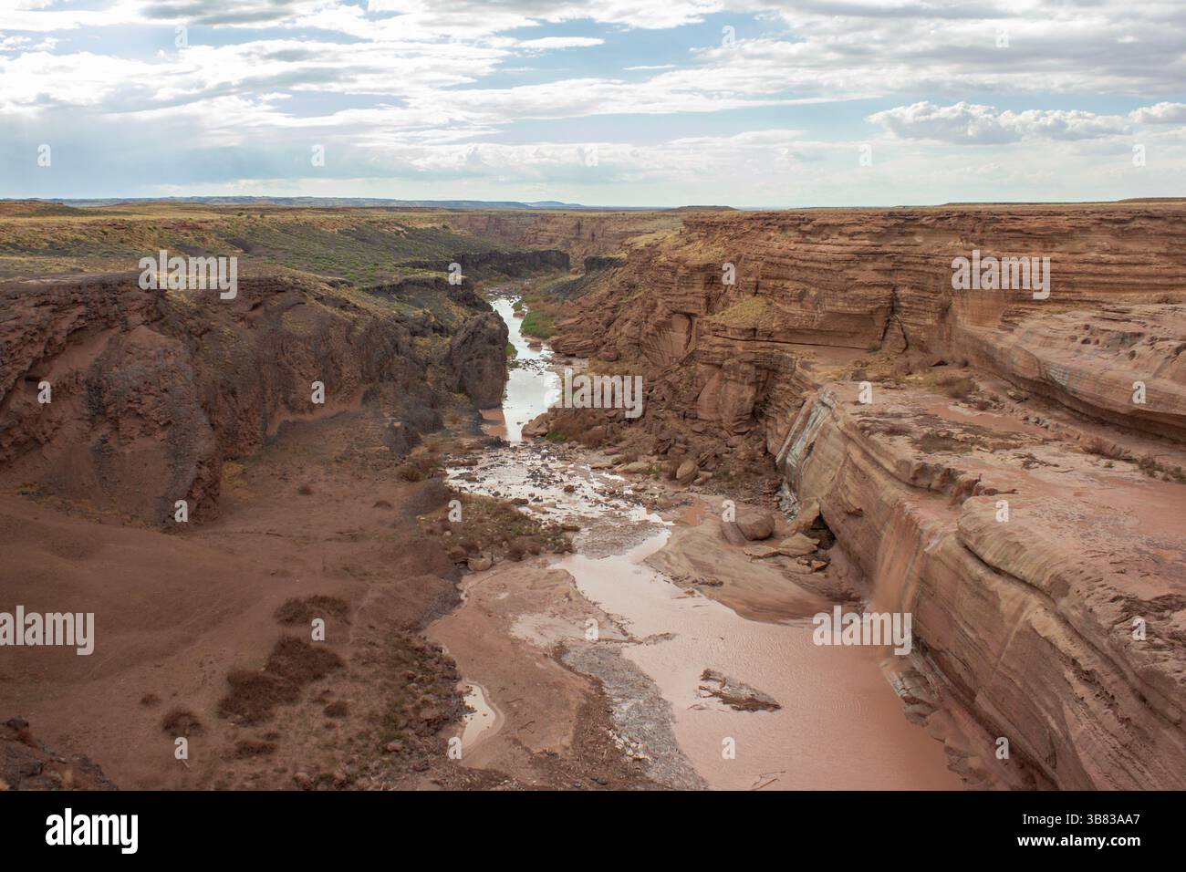 A stunning canyon reveals a dry riverbed winding through rocky cliffs ...