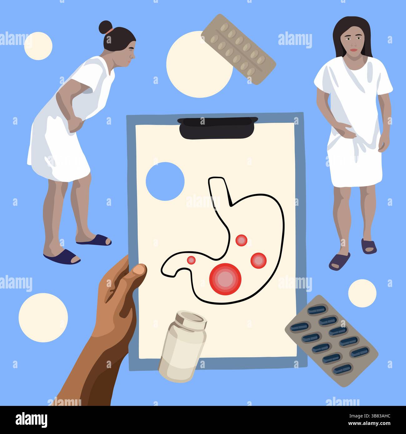Vector isolated illustration of diagnosing stomach pain.Gas in the ...