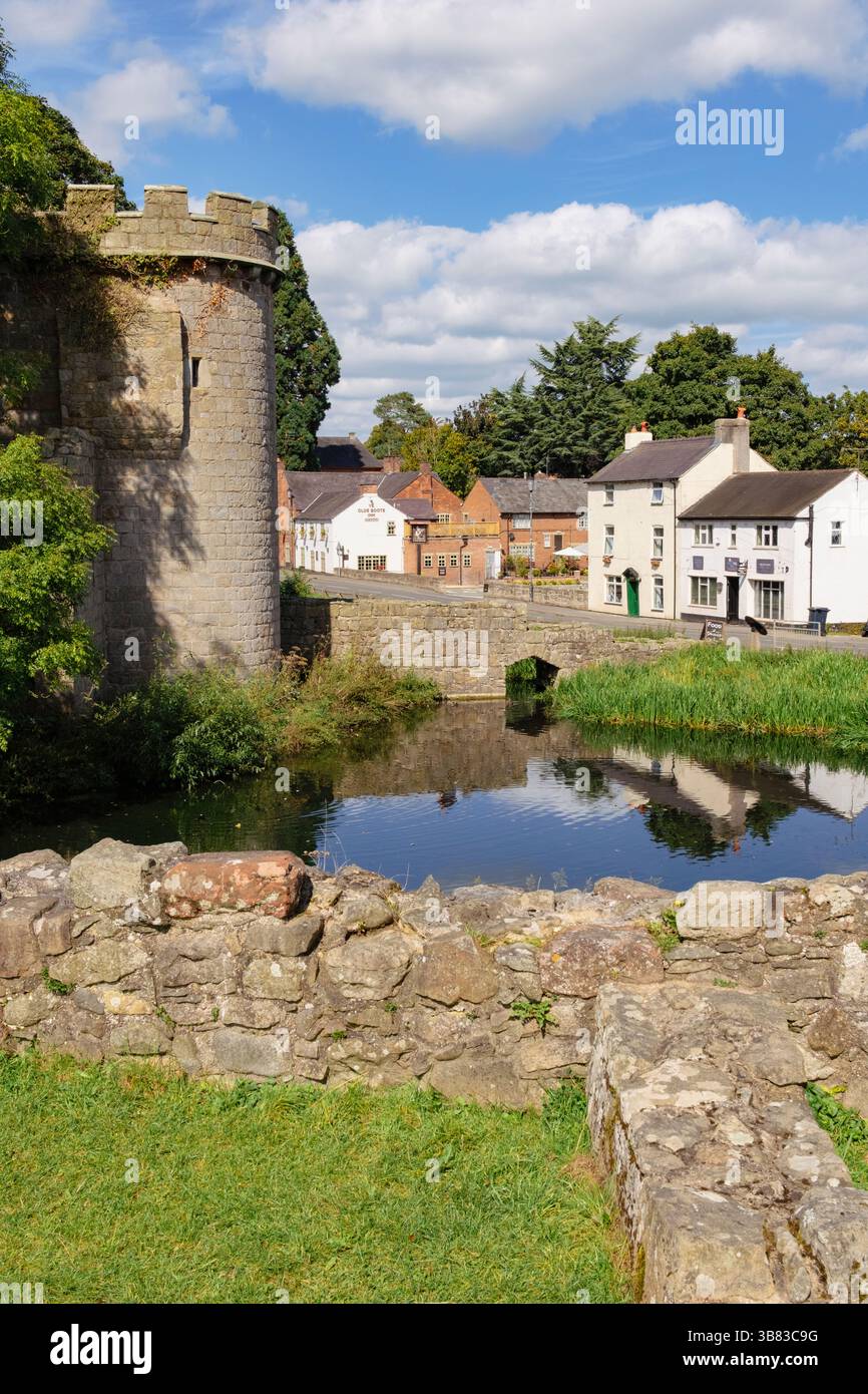 View across the moat to medieval castle gatehouse in the Welsh Marches ...