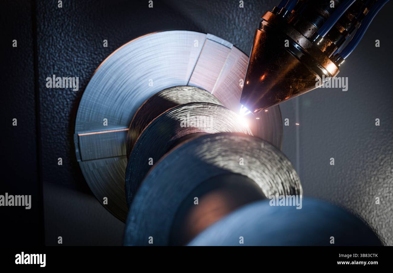 High-precision CNC 3D printing process of a large metal auger using a rotary axis. The footage ...