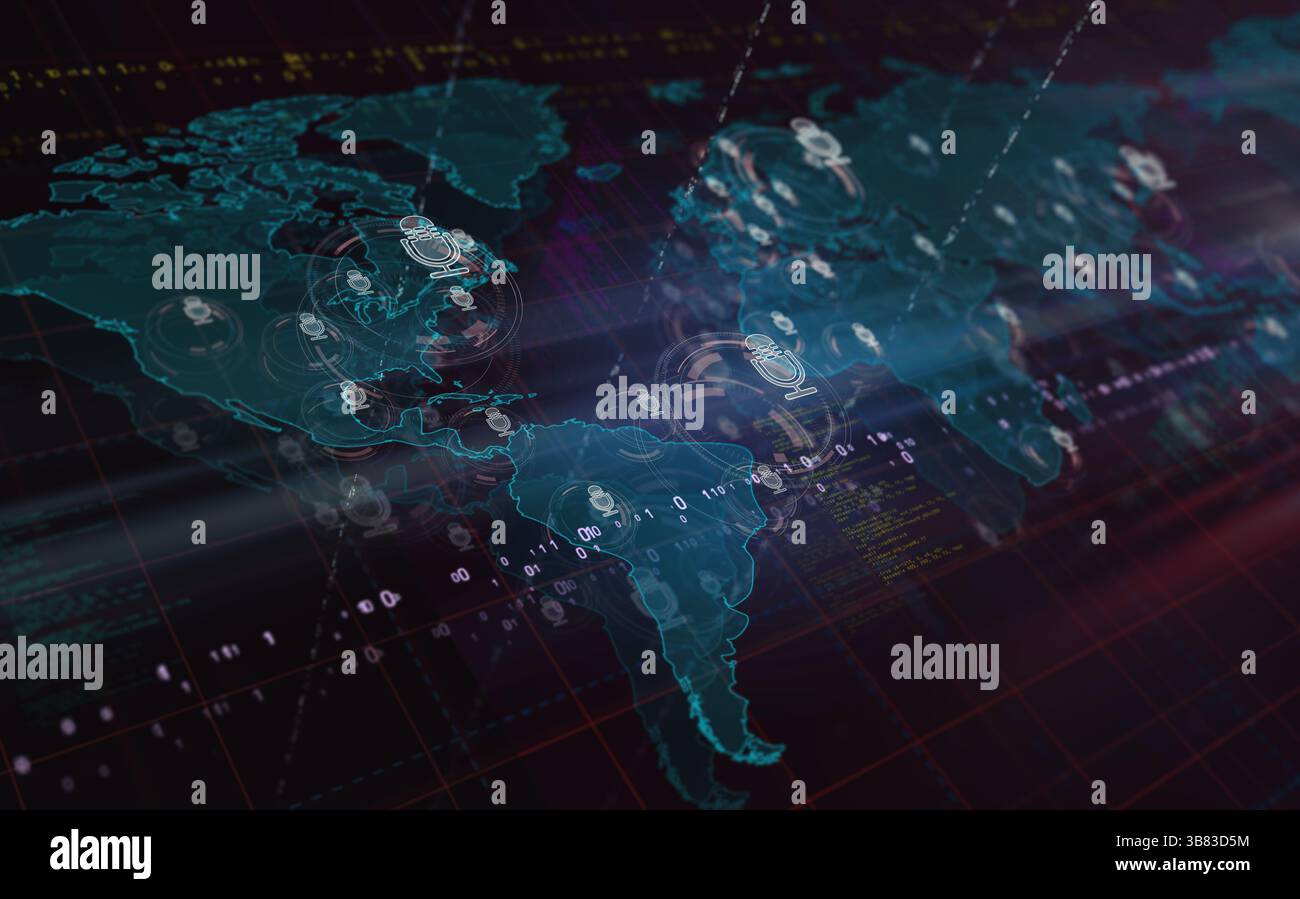 Microphone media on air broadcast and audio record symbols over world ...