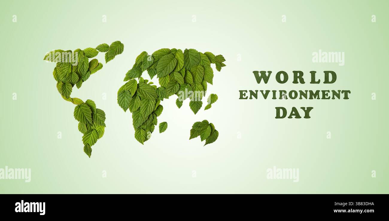 Mockup of world map is made of green leaf on green background. Ecology ...