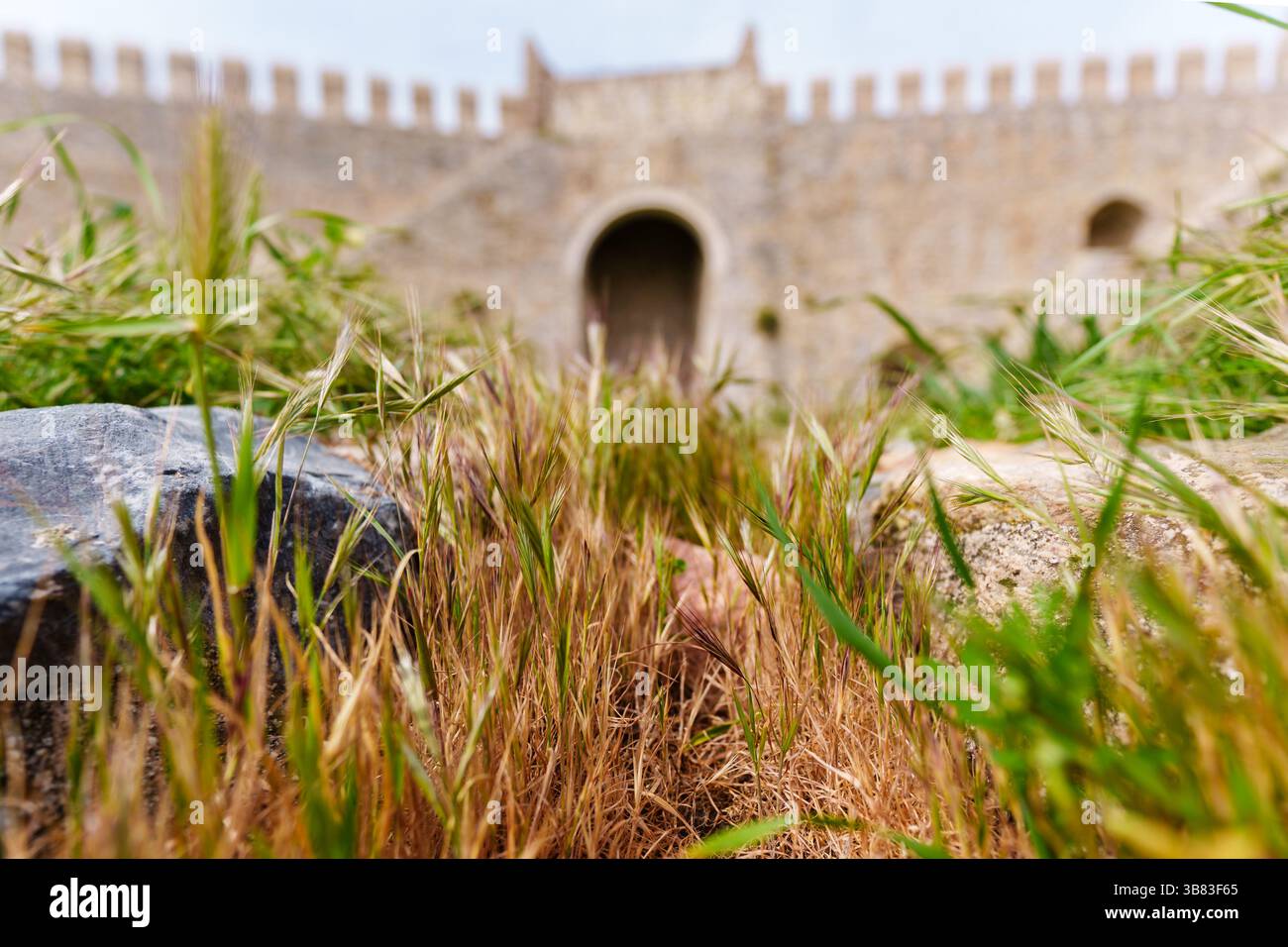 A medieval stone fortress wall featuring an arched gateway, surrounded ...