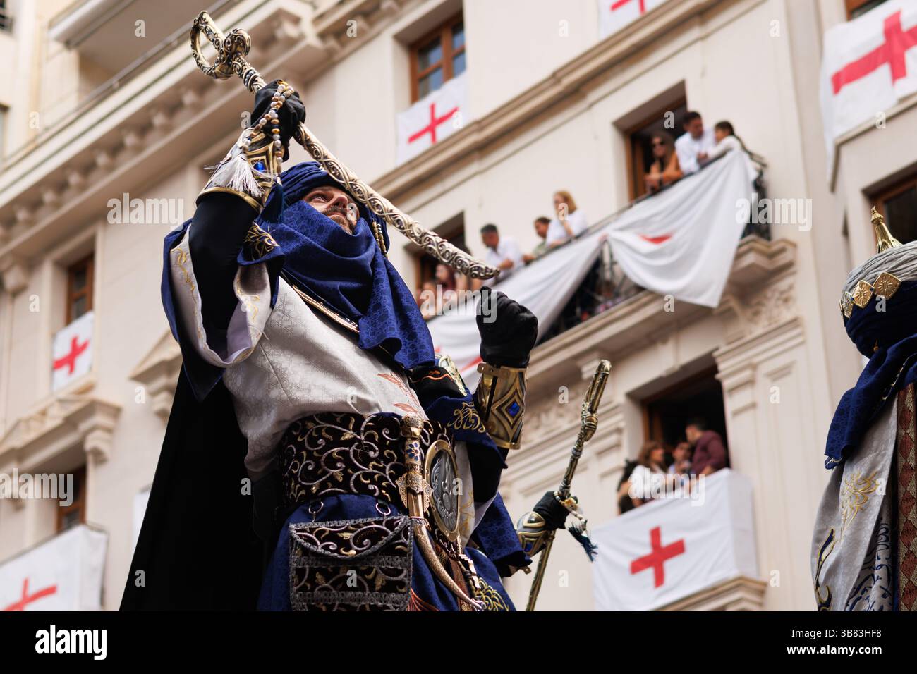 Alcoy, Spain, 05-03-2025: A knight from the Abencerrajes troupe salutes ...