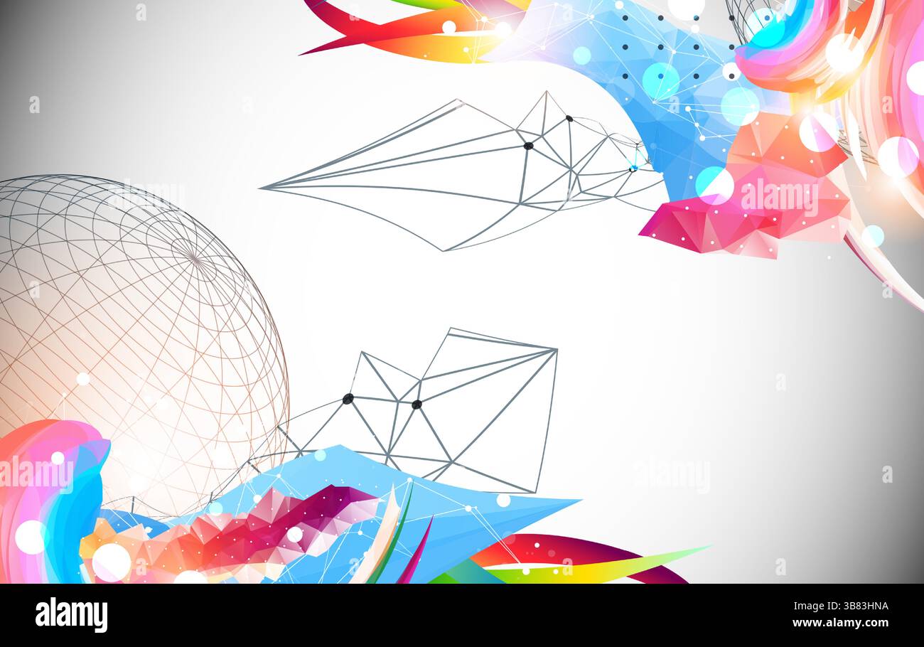 Abstract artwork with colorful waves, polygonal shapes and wireframe ...