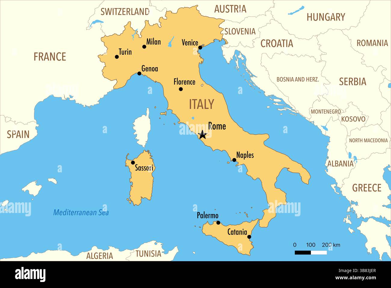 Map of Italy with Major Cities and Neighboring Countries Stock Photo ...