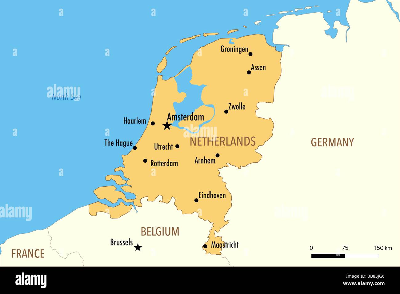 Map of Netherlands with Major Cities and Neighboring Countries Stock ...