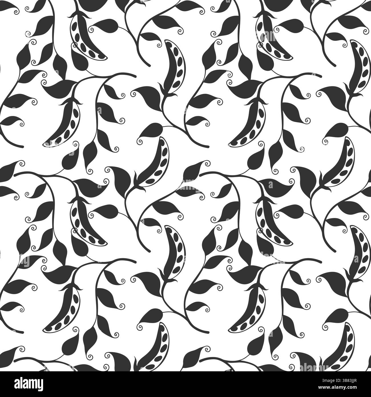 Pattern black and white. Dark silhouette of Pea pod with fruits and ...