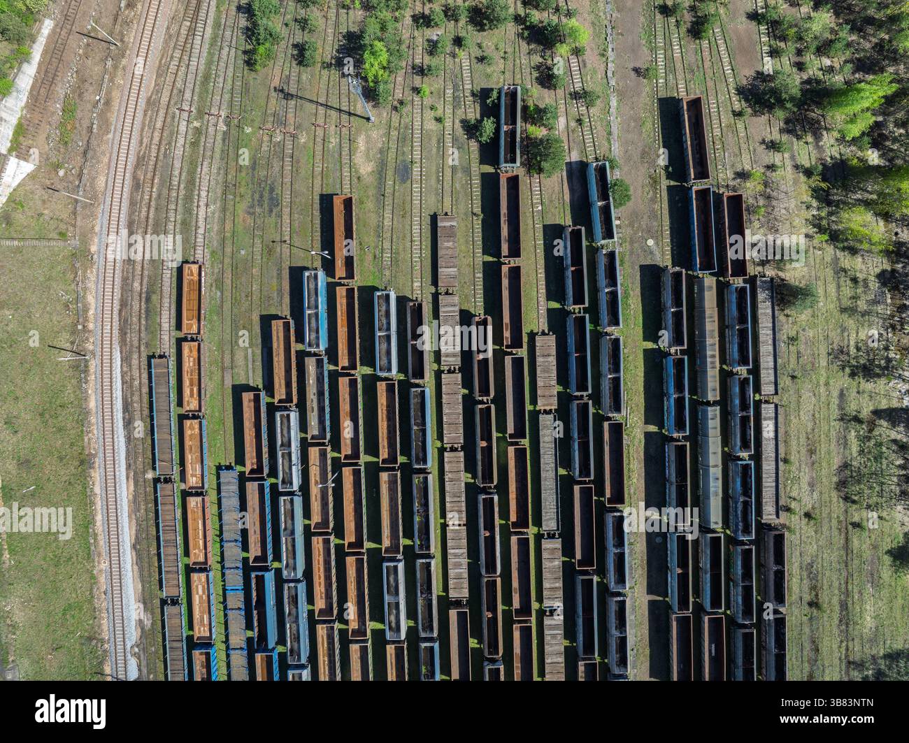 Aerial drone photo of Cargo train terminal, railway hub in industrial ...