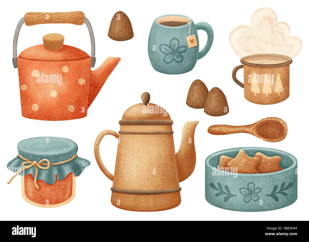 Vintage Kitchen Clipart Set, Teapots, Mugs, Jam and Cookies Stock Photo ...