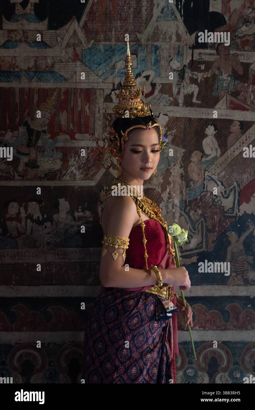 Beautiful ASEAN woman in ancient Thai Dvaravati costume at an old ...