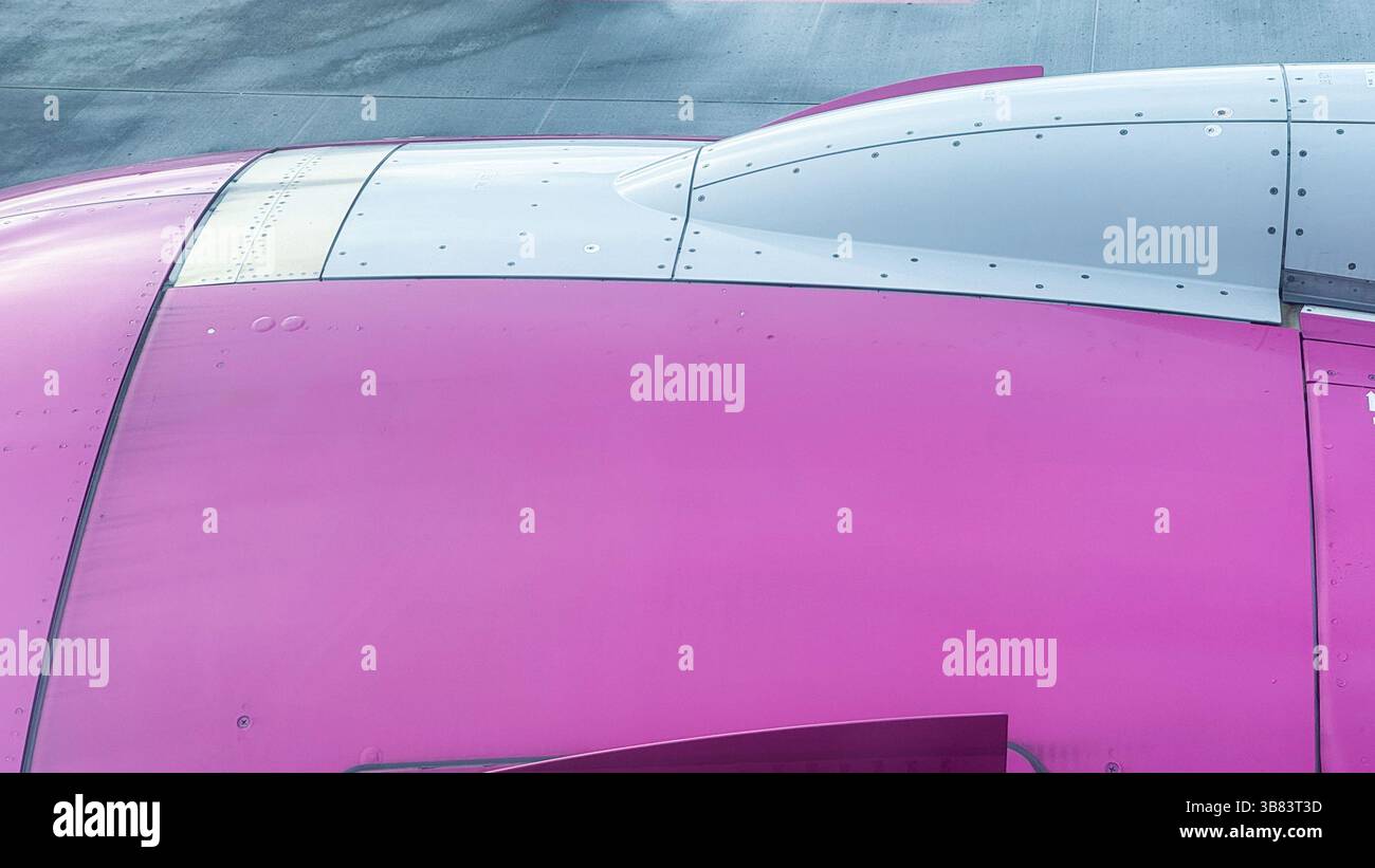 Close-up view of vibrant pink aircraft wing featuring metallic accents ...