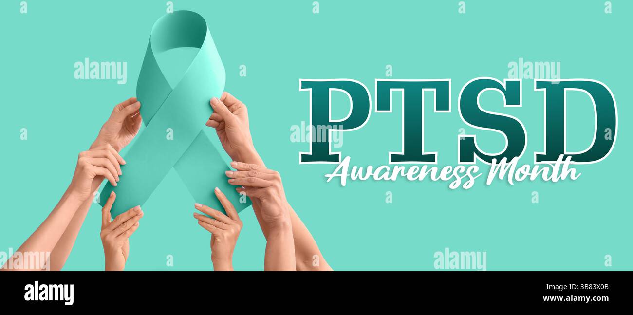 Hands with teal ribbon on color background. Banner for PTSD Awareness ...