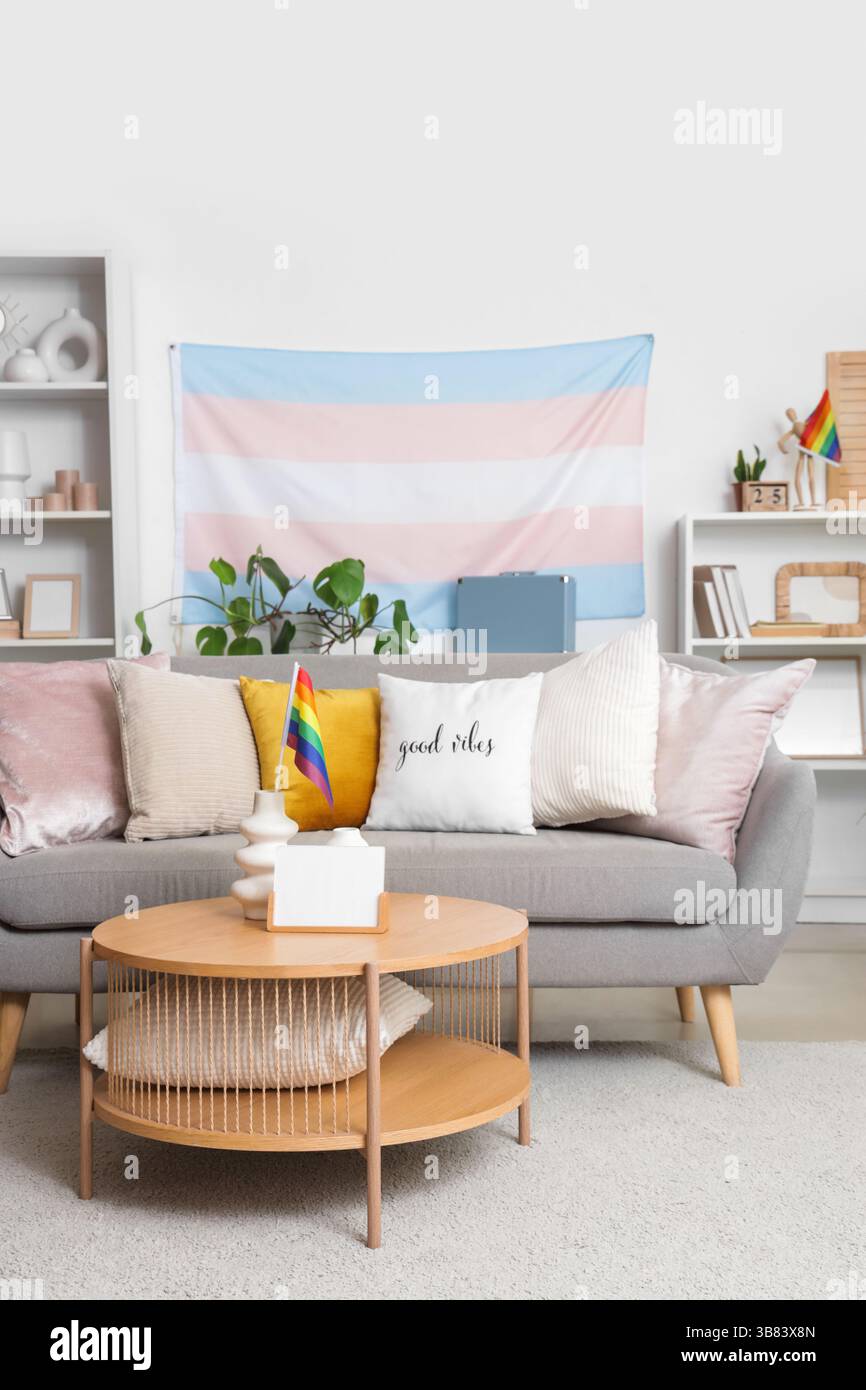 Interior of living room with sofa, LGBT and transgender flags Stock ...