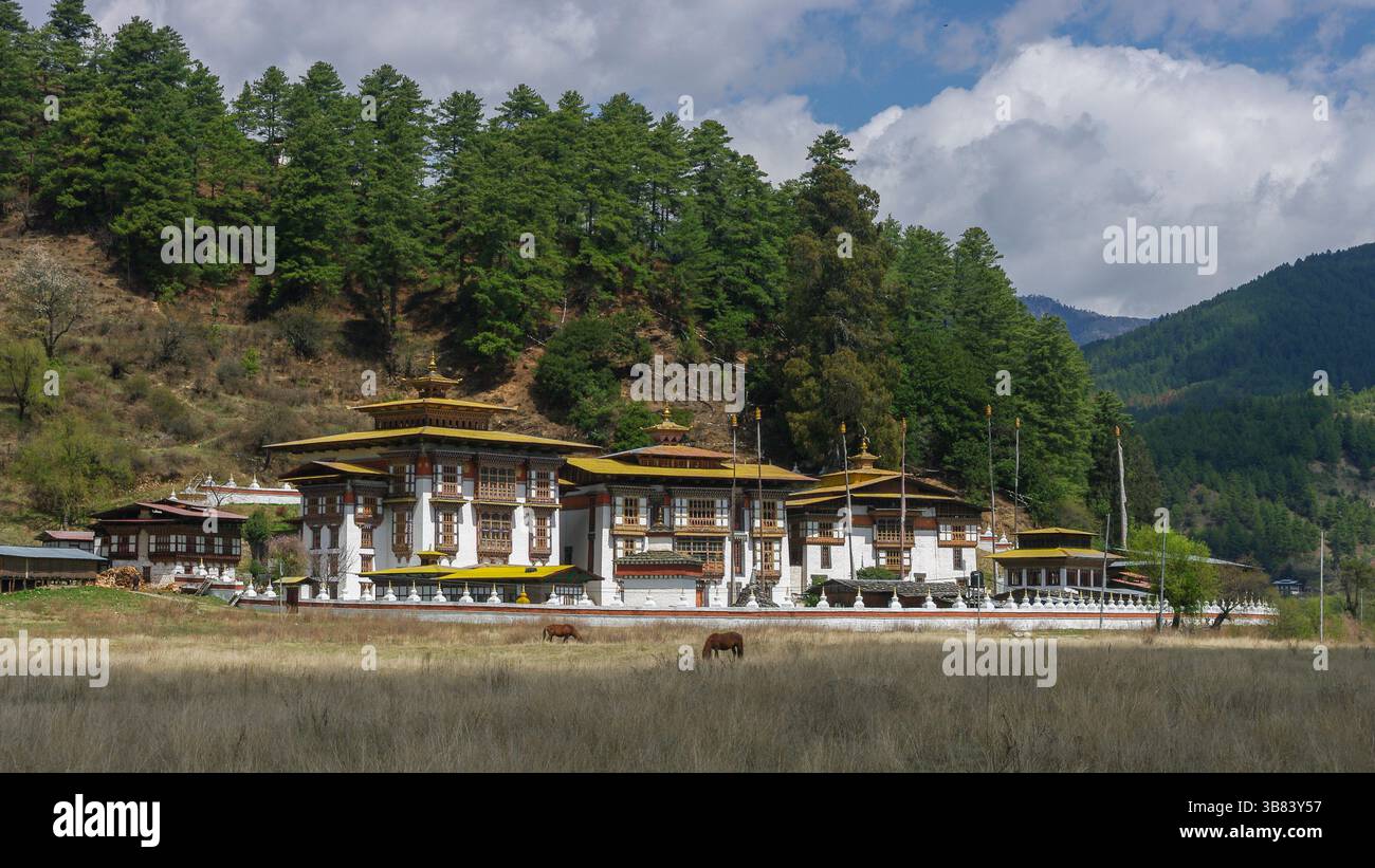 Scenic landscape view of ancient Kurjey lhakhang temple complex in ...