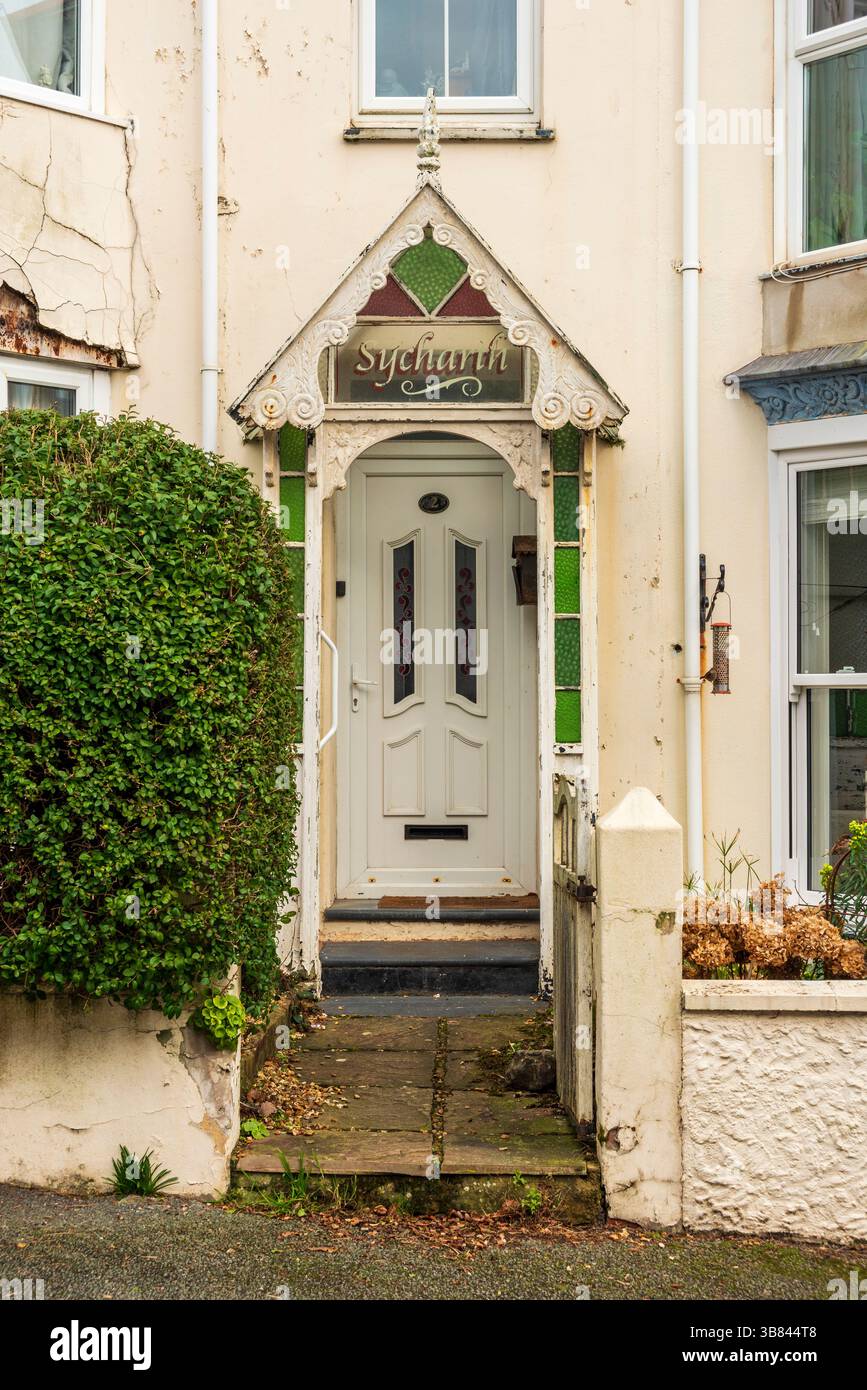 Front door with old porch of period house, Criccieth, Gwynedd, Wales ...