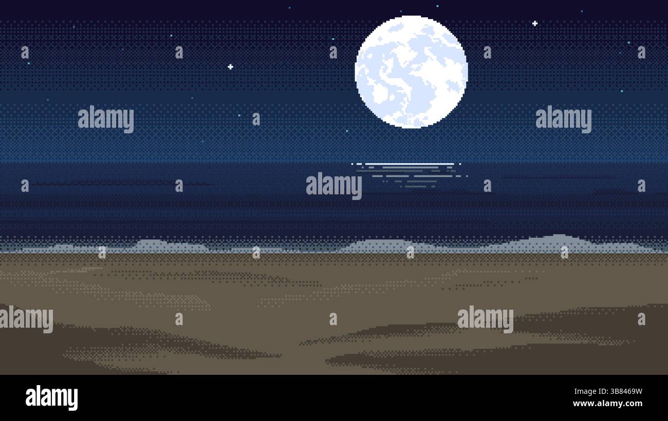 Night beach landscape with moon, pixel art background. 2d backdrop in 8 ...
