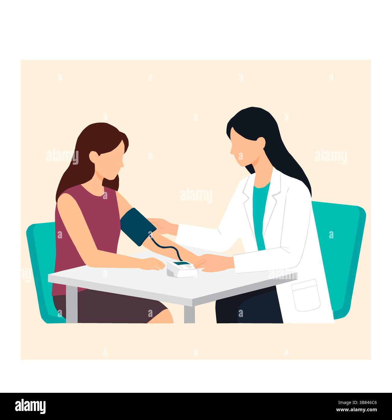 Vector illustration of a female doctor measuring the blood pressure of a patient sitting in a ...