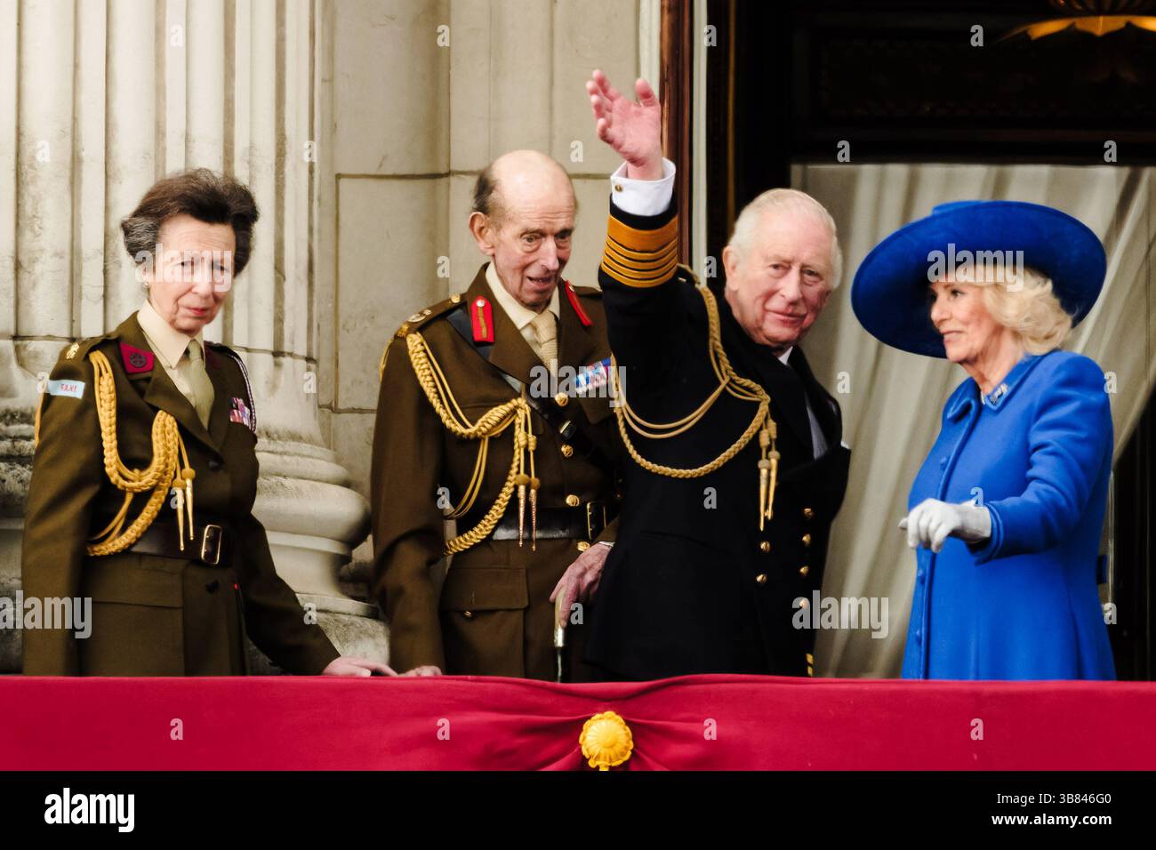 King Charles III and Queen Camilla seen on the palace balcony to view ...
