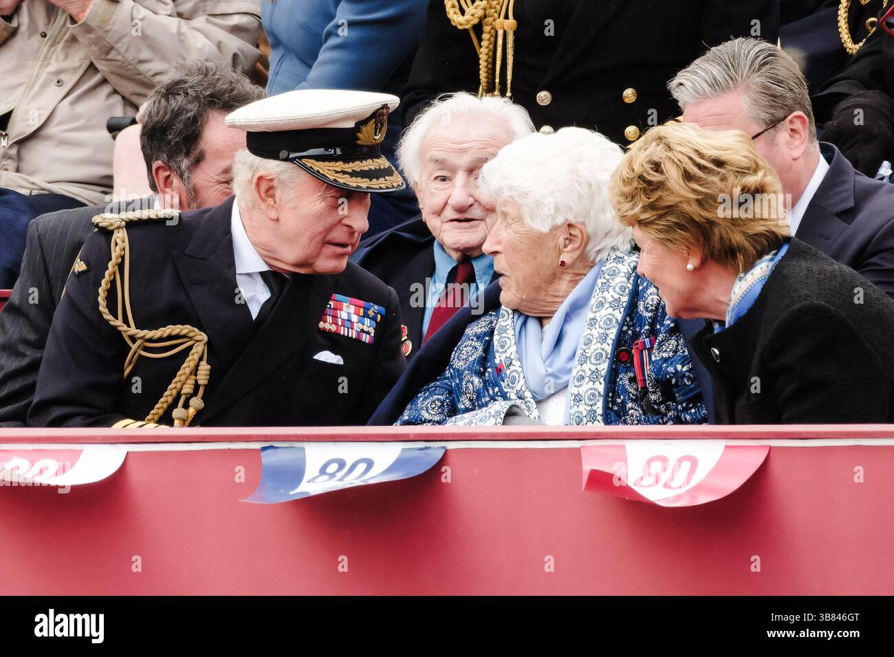 King Charles III seen on the Queen Victoria Memorial to view the VE80 ...