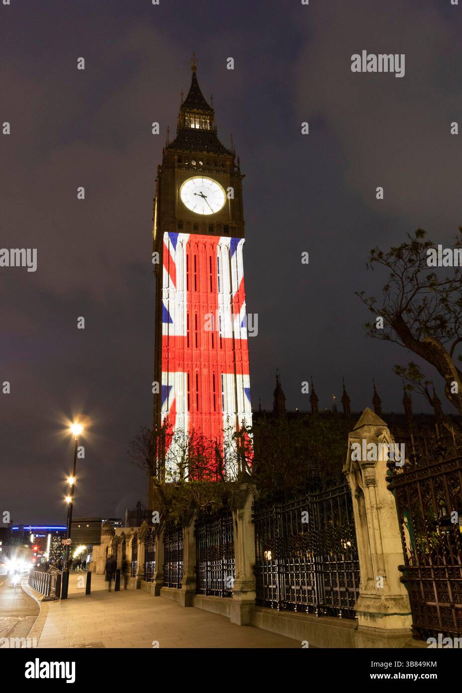 Big Ben illumated with an image of the union flag in commemoration of ...
