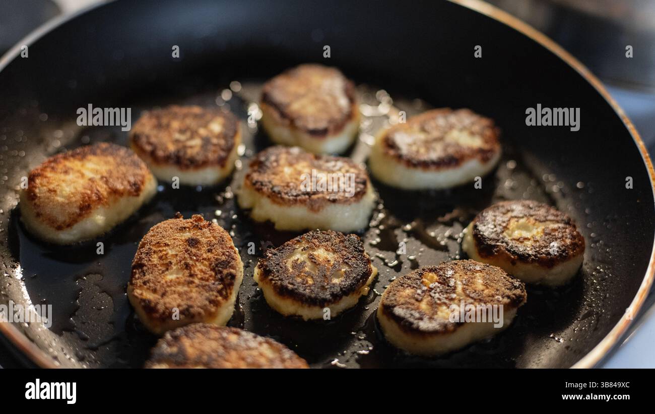 Burnt Curd Cottage Cheese Pancakes Are Fried In A Frying Pan With Oil ...