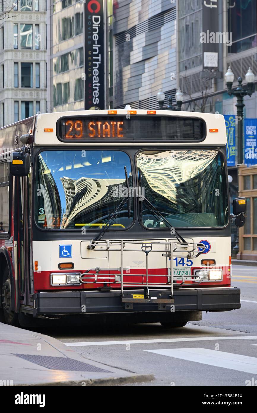 Chicago, Illinois, USA. The windshield of a CTA bus displays a ...