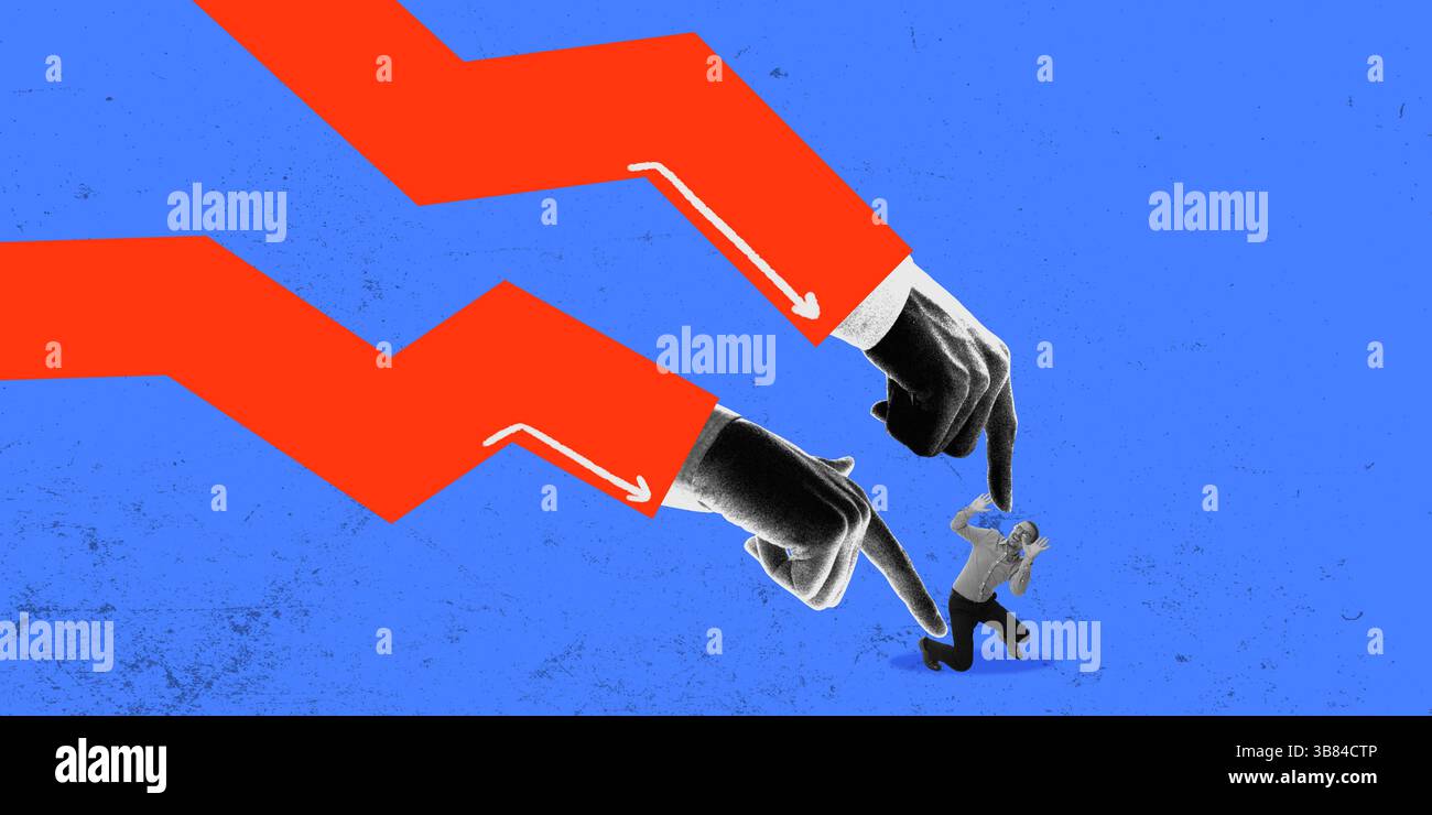 Economic downturn illustrated by sharp red graph drop and hands pushing ...