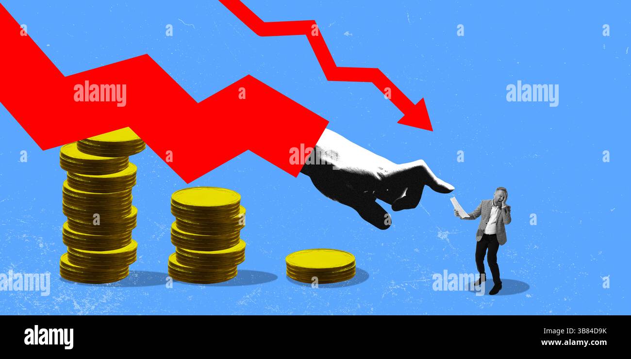 Man holding financial report, shocked by loss, red arrow hand points ...