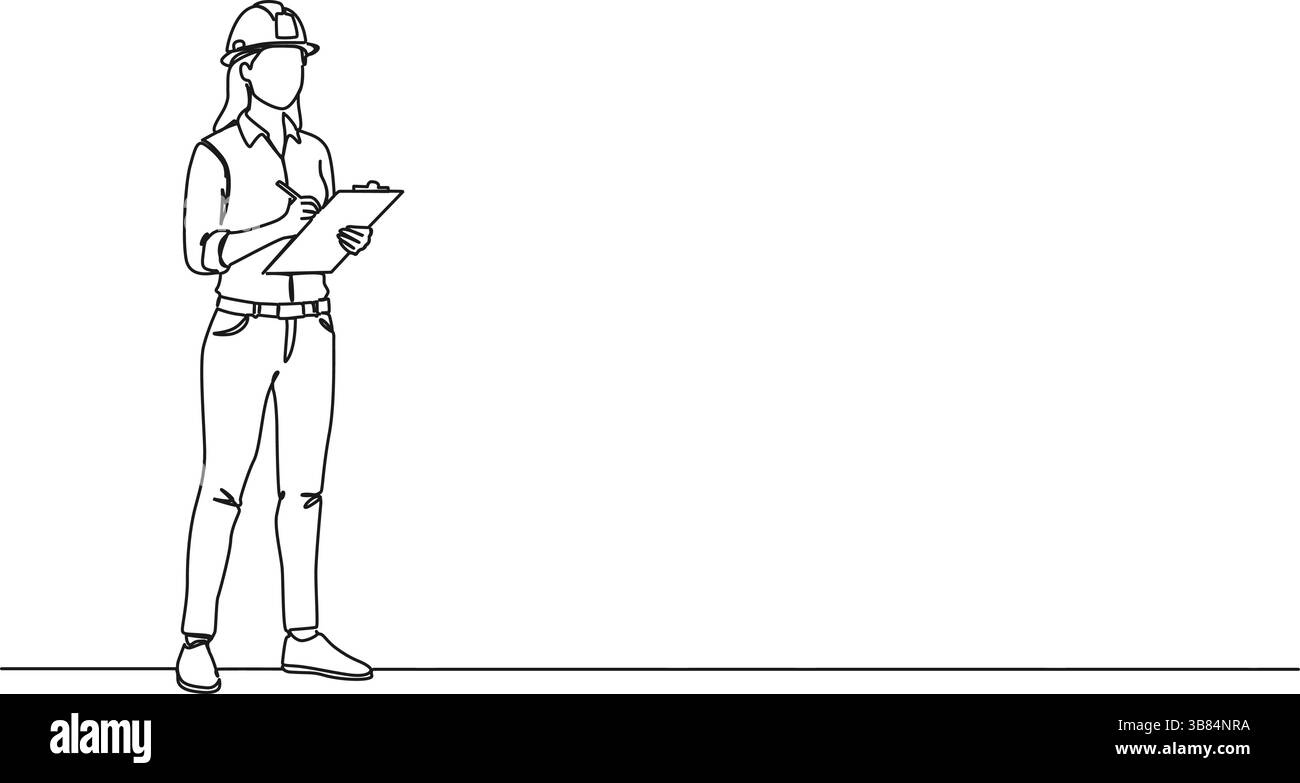 continuous single line drawing of female civil engineer with clipboard ...