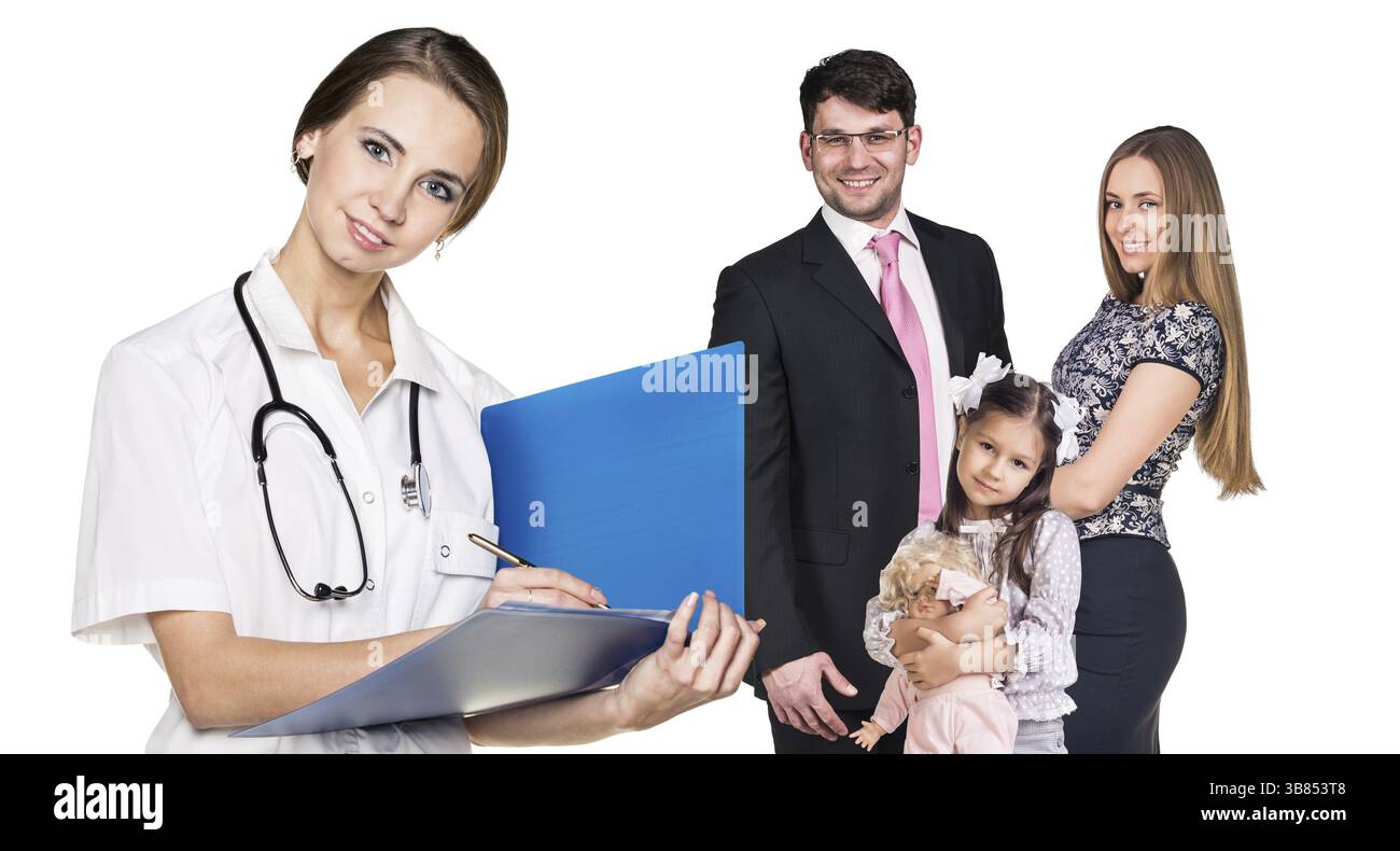 Beautiful female doctor with family patients on isolated background ...