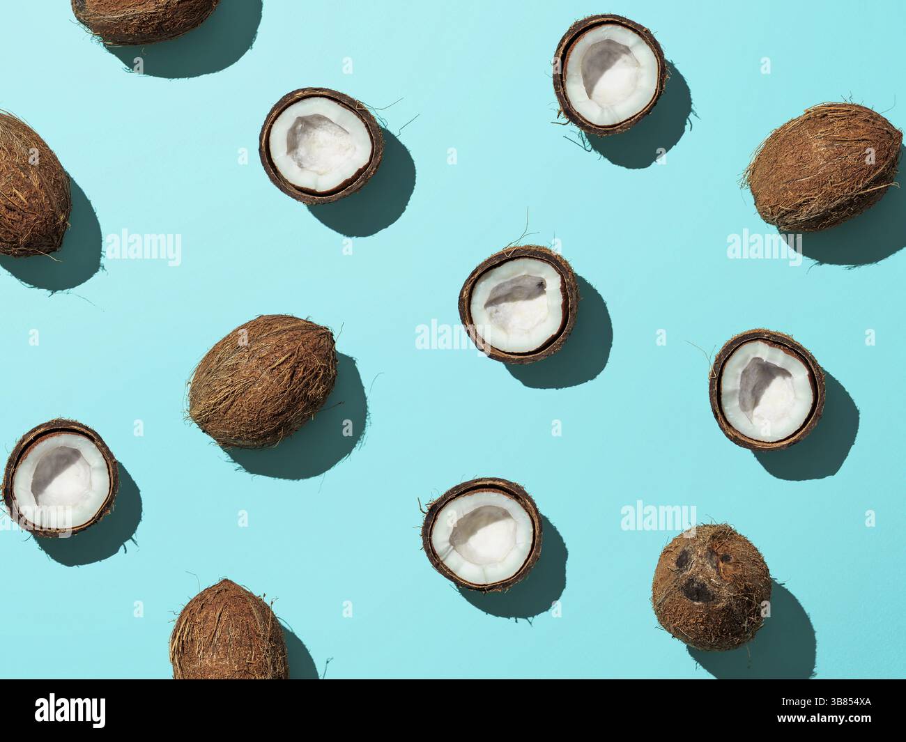 Creative layout of coconuts half on blue background. Tropical pattern ...