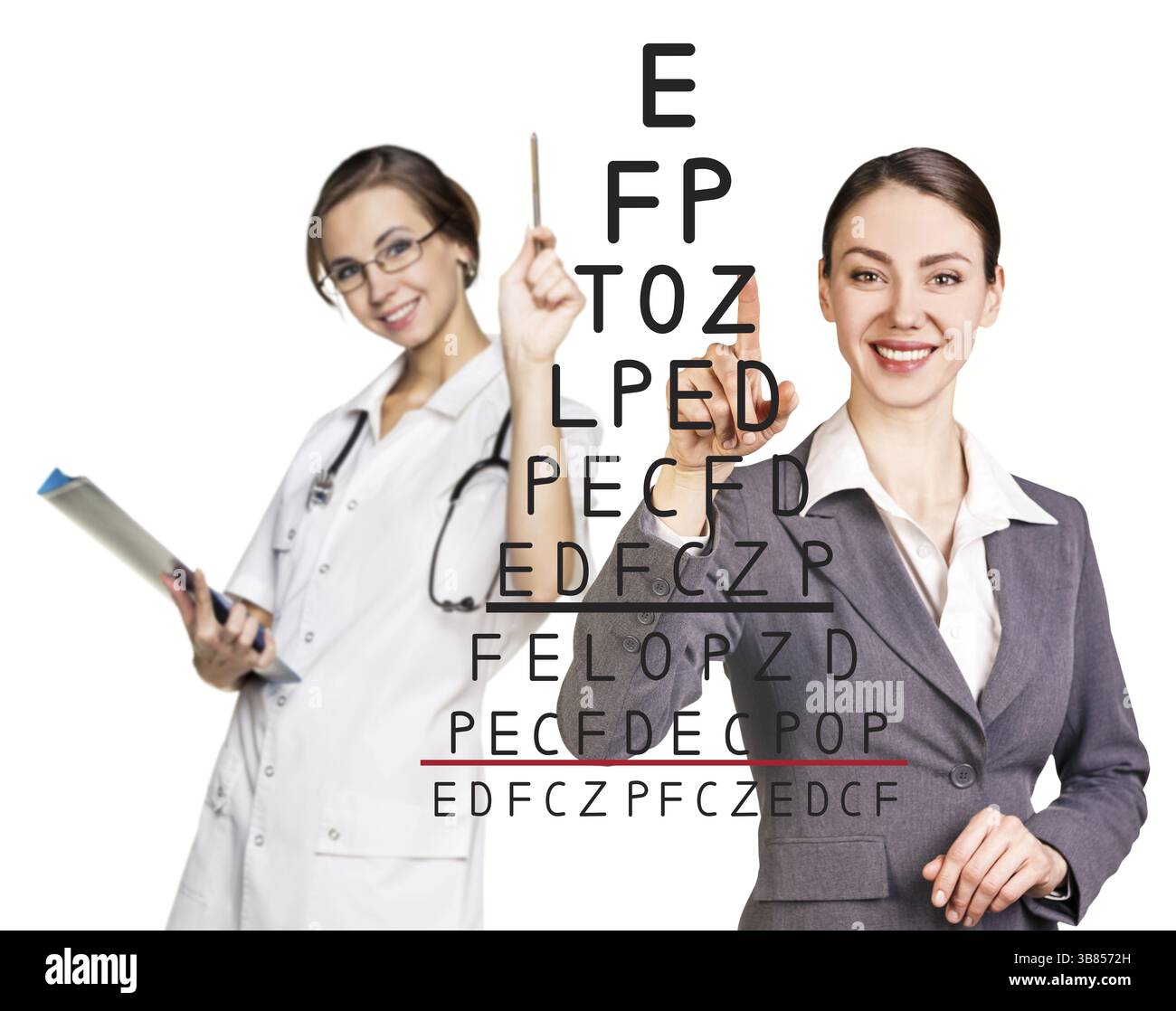 Doctor recording the results an eyesight test on the white background ...