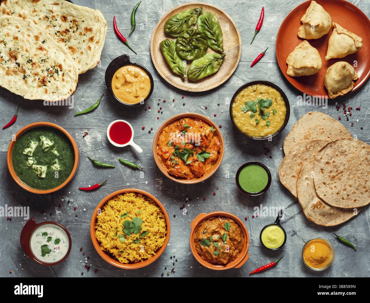 Indian cuisine dishes: tikka masala, dal, paneer, samosa, chapati ...