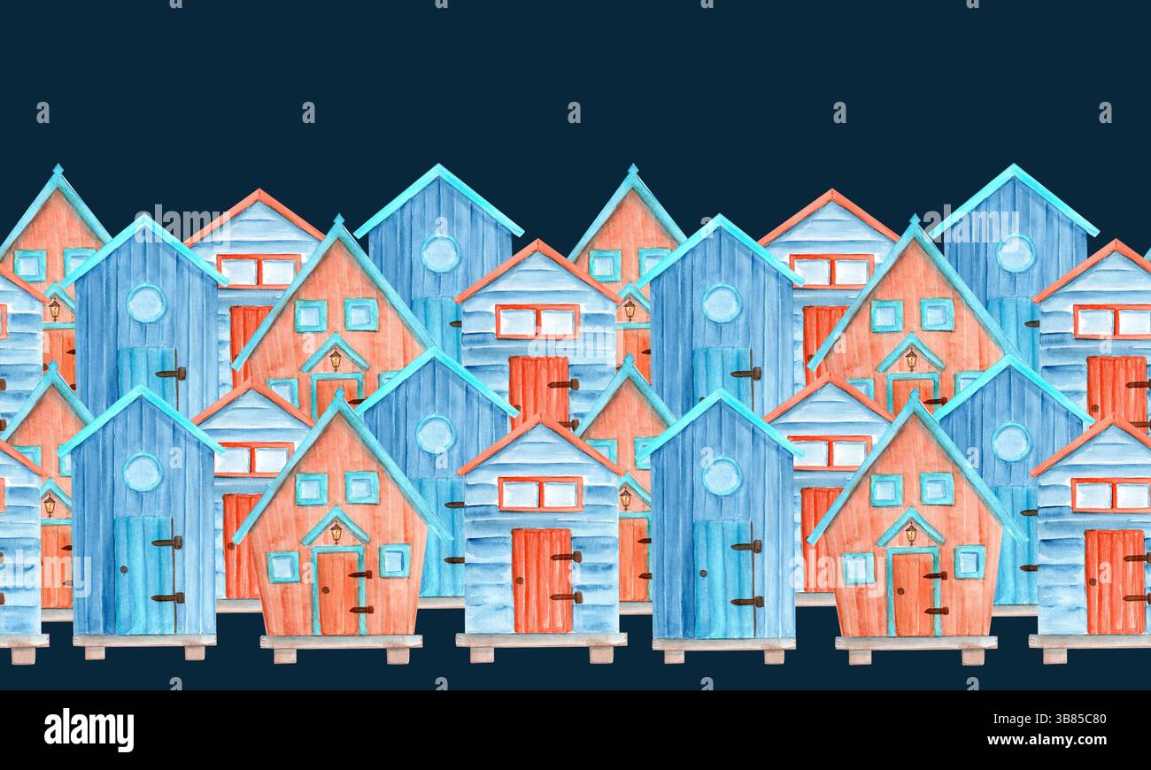 Wooden plank cabin on stilts paved seamless border on dark blue ...