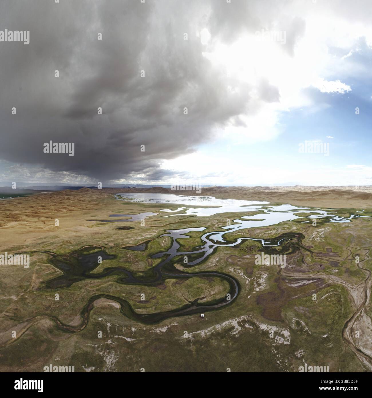 Aerial panorama sand desert Mongol Els and Zavkhan river Stock Photo ...