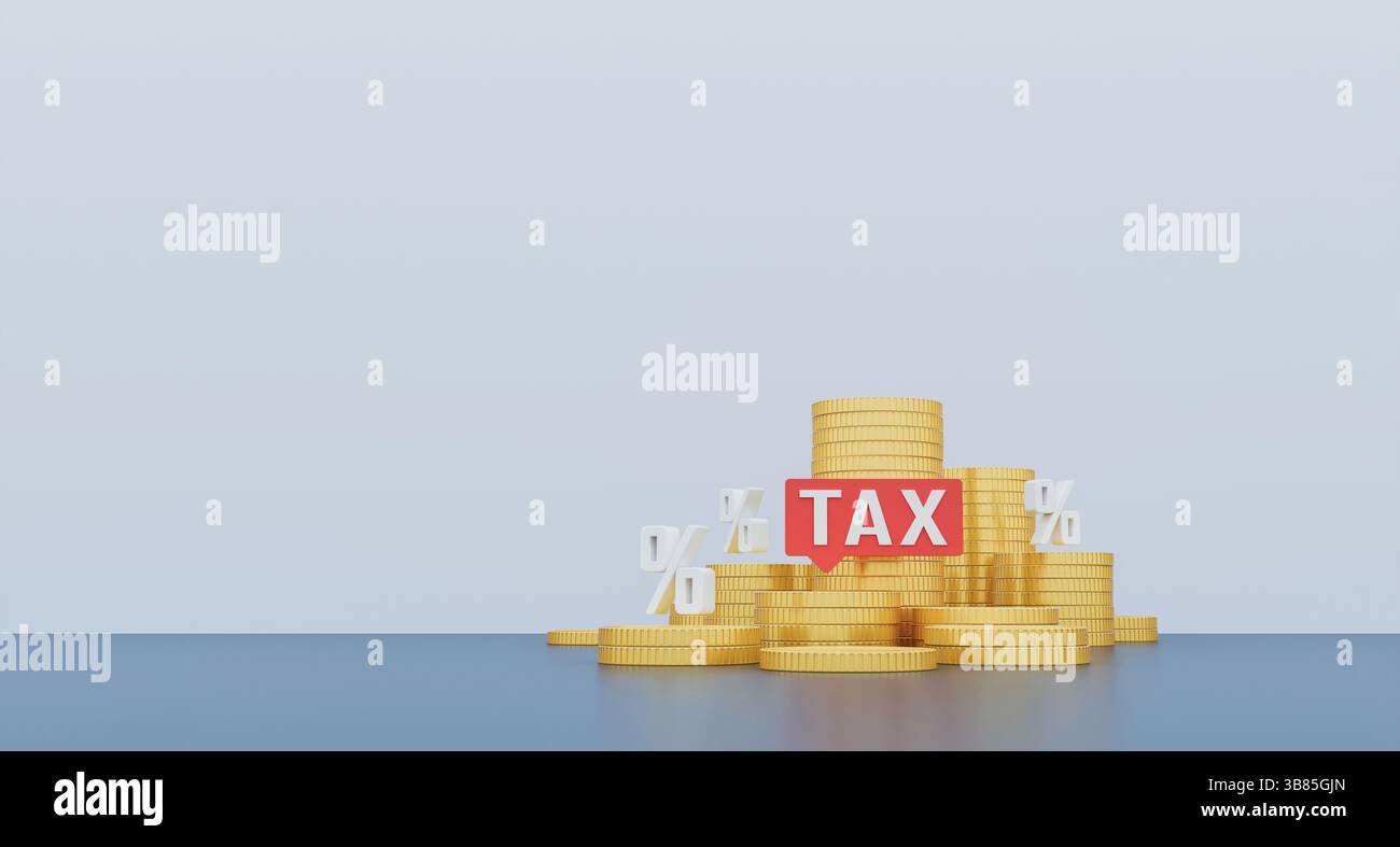 3D illustration of tax sign with golden coins and percent symbols ...
