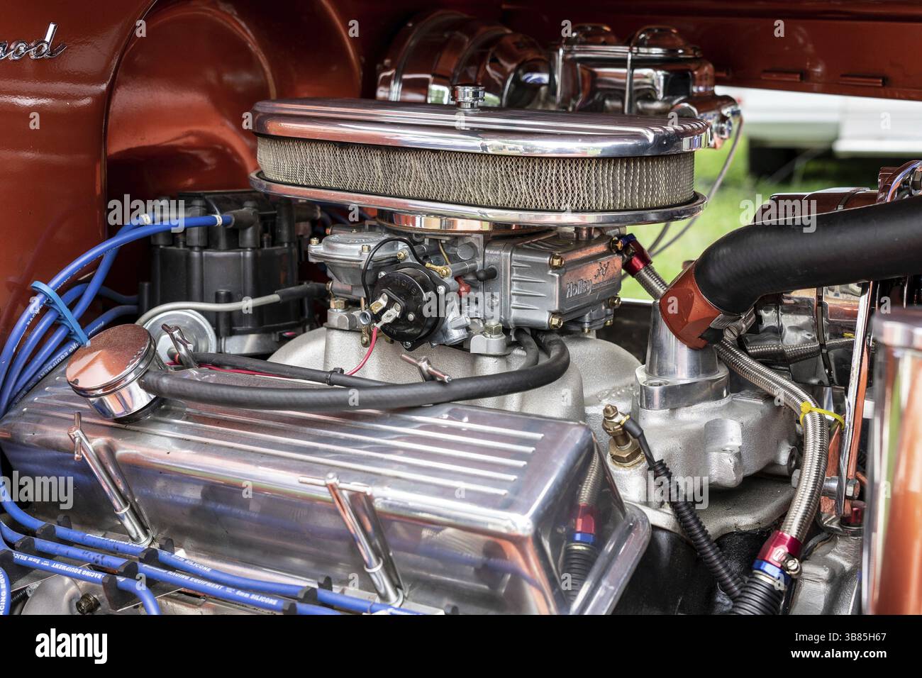 DIEDERSDORF, Germany - AUGUST 30, 2020: The engine of vintage car ...
