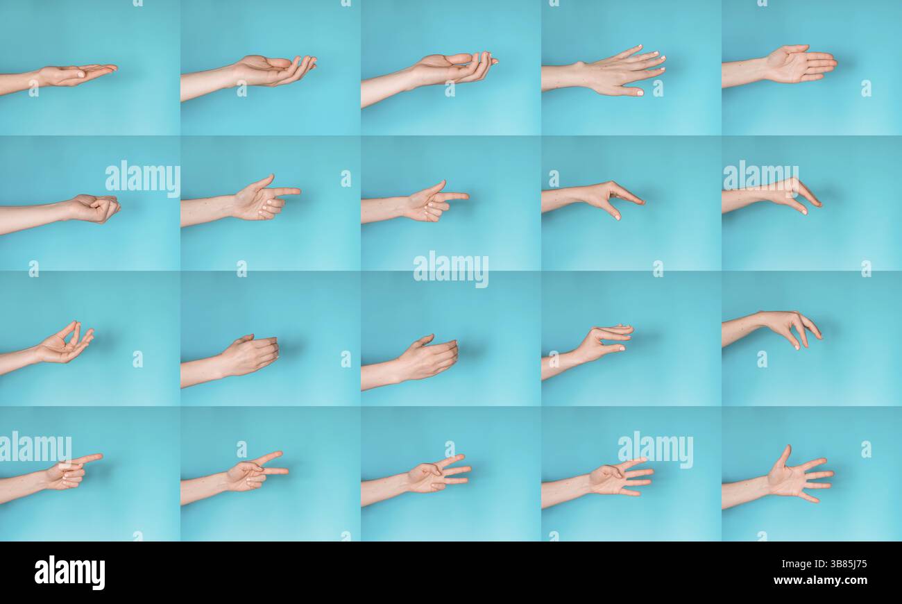Set of female hands gesturing on blue studio background. Hello, have ...
