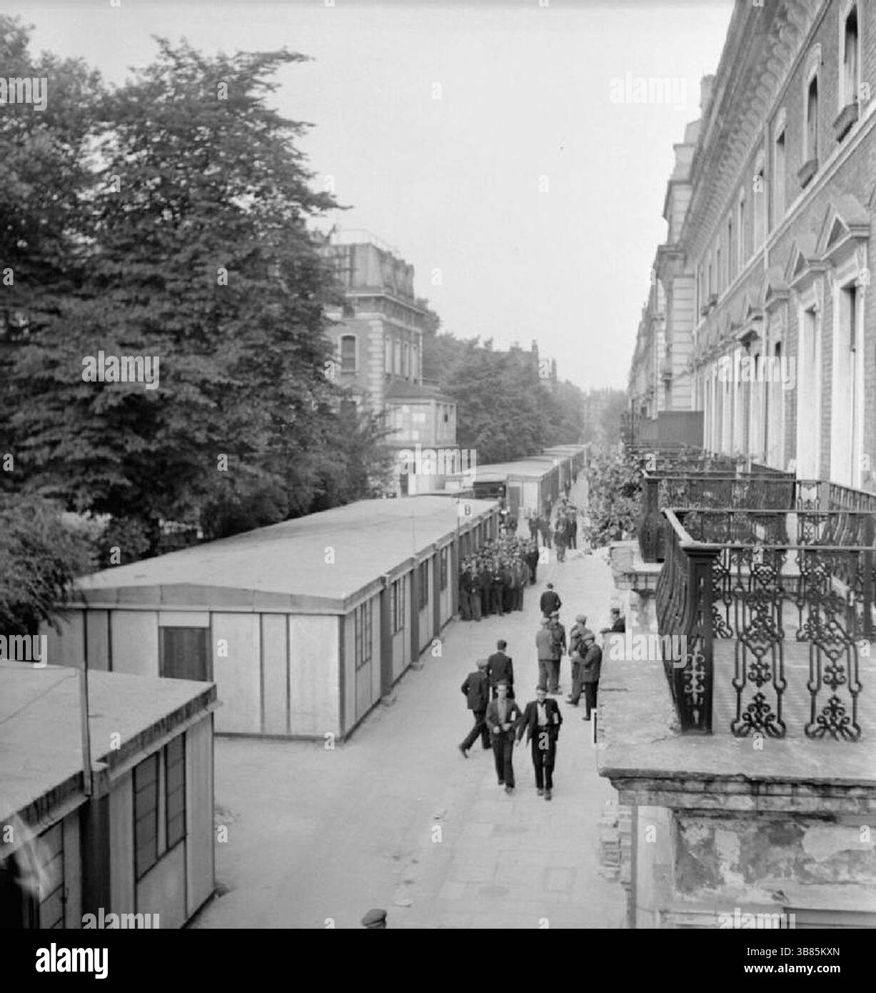 A view of London's Onslow Square, showing the ablution and mess huts ...