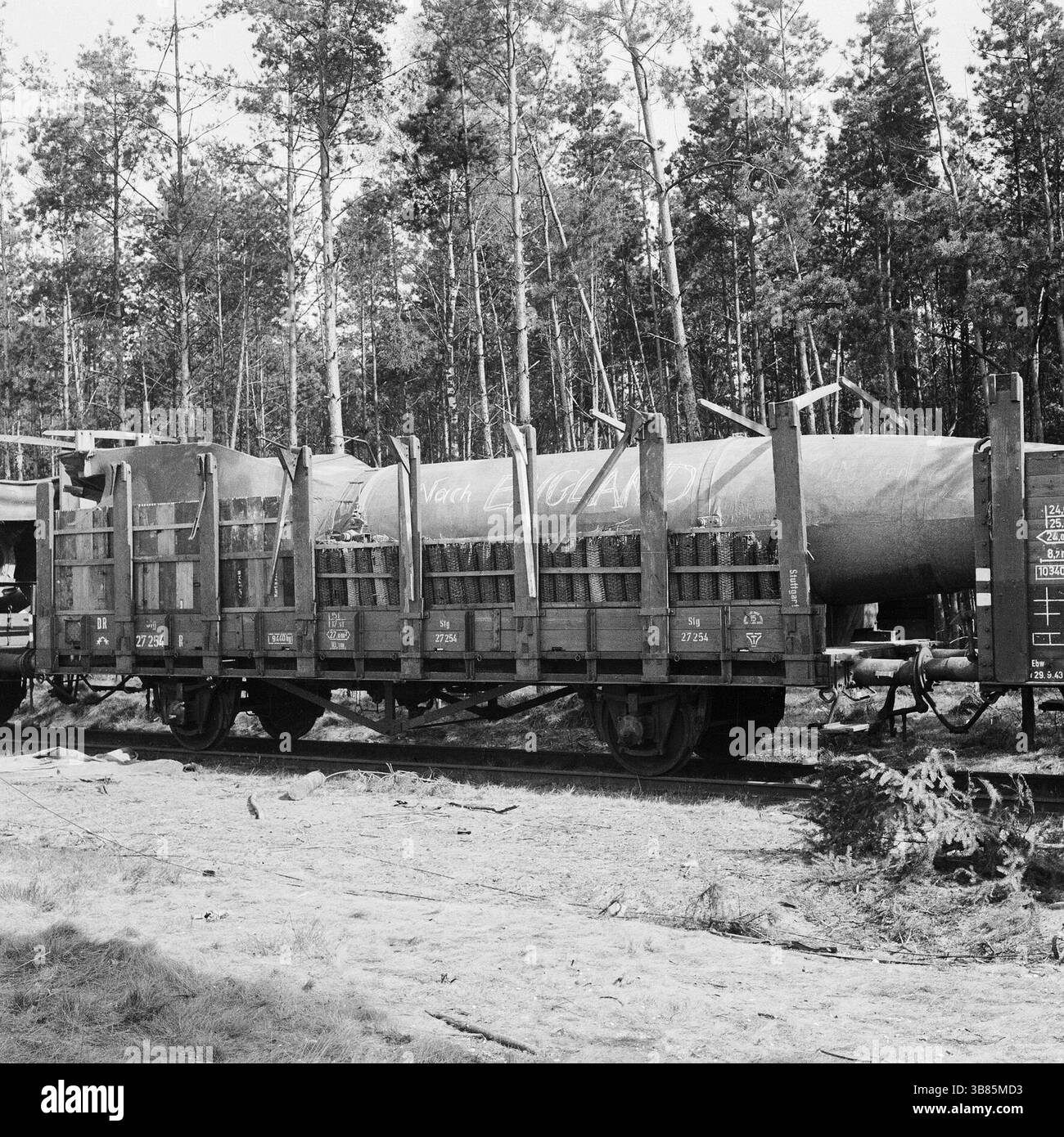 A V2 rocket loaded on a railway truck at Leese in Germany ready for ...