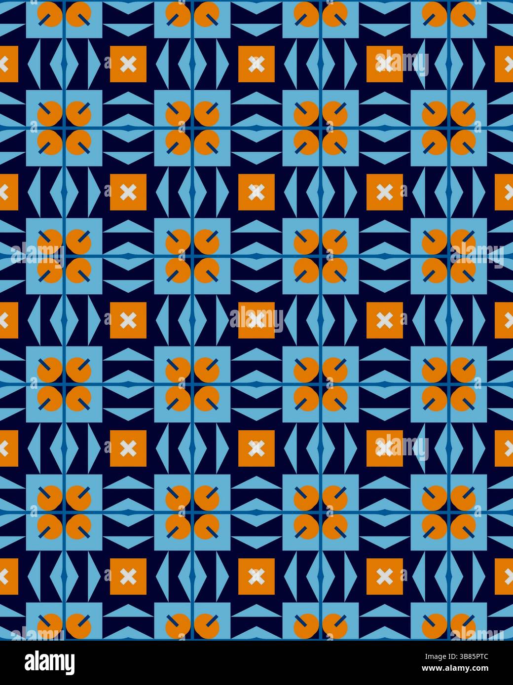 A vibrant geometric pattern displays an array of blue and orange shapes ...
